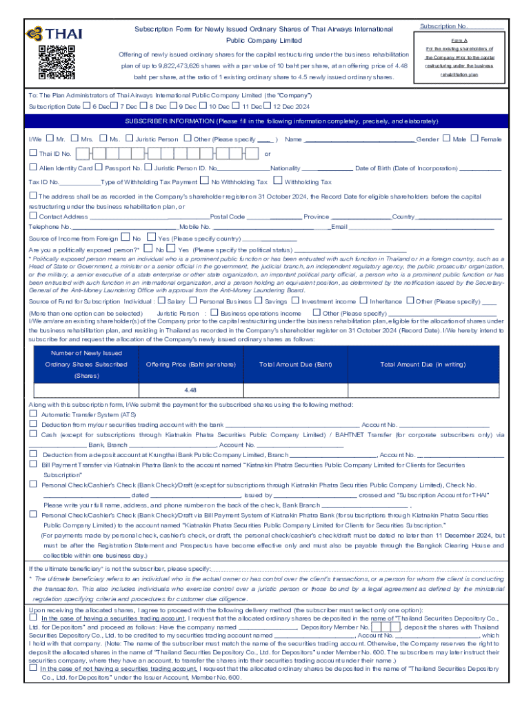 Fillable Online Subscription Form for Newly Issued Ordinary Shares of Thai Airways International ...