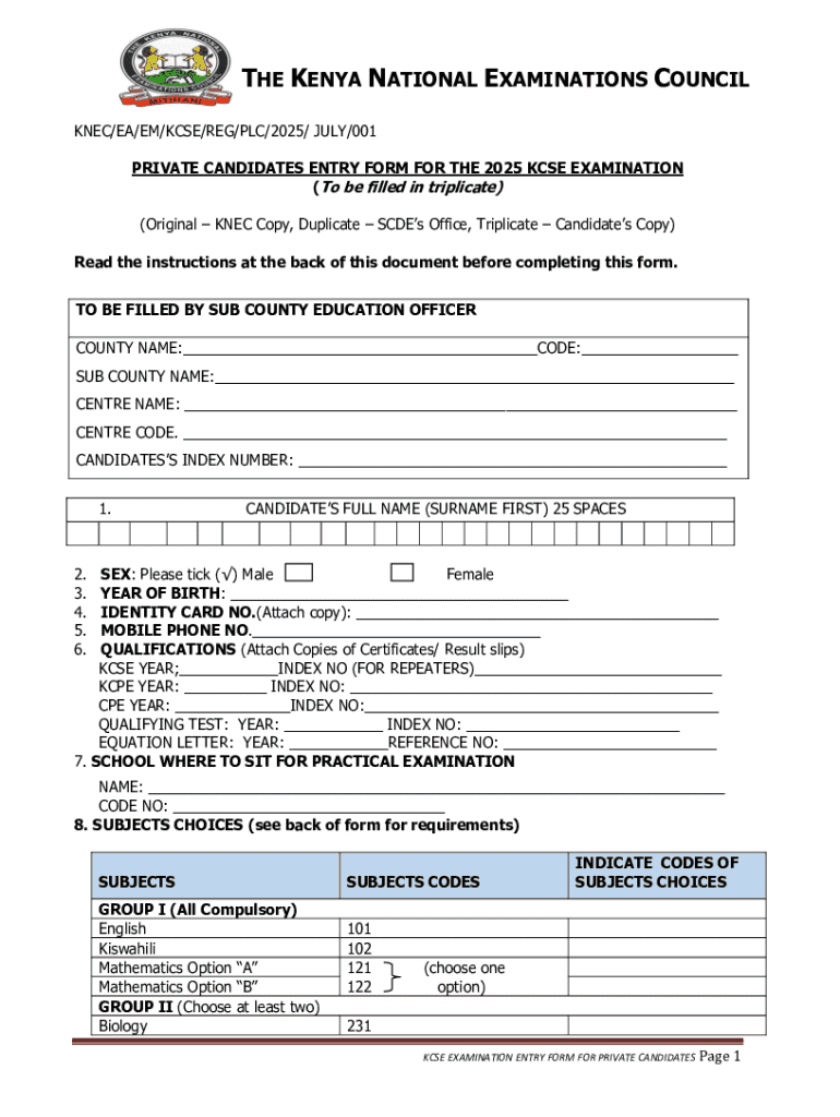Fillable Online Private Candidates Entry Form for the 2025 Kcse ...