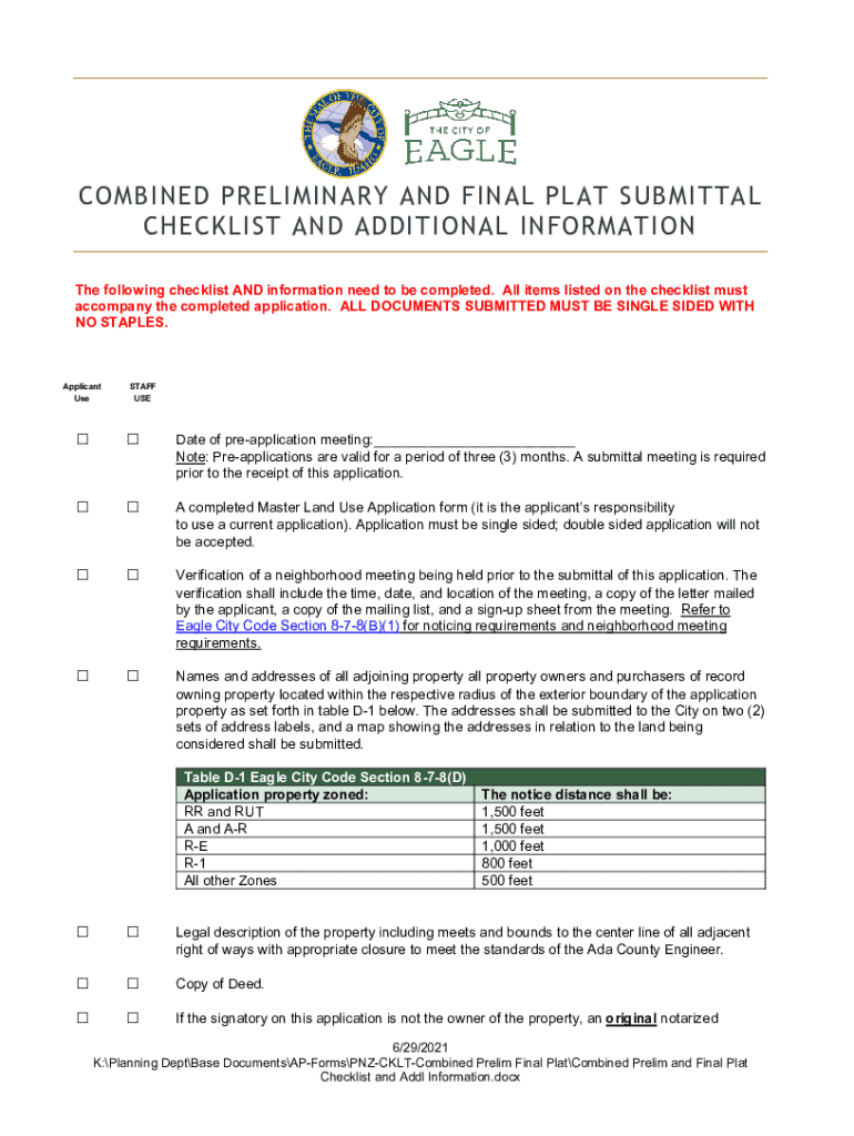 Fillable Online Combined Preliminary and Final Plat Checklist Fax Email ...