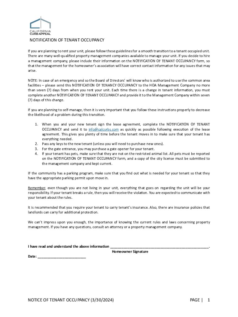 Fillable Online Notification of Tenant Occupancy Fax Email Print ...