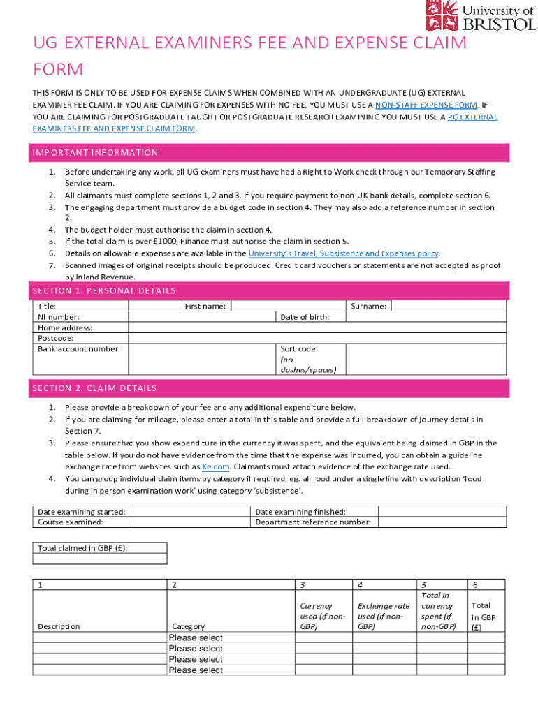 Fillable Online Ug External Examiners Fee and Expense Claim Fax Email Print - pdfFiller