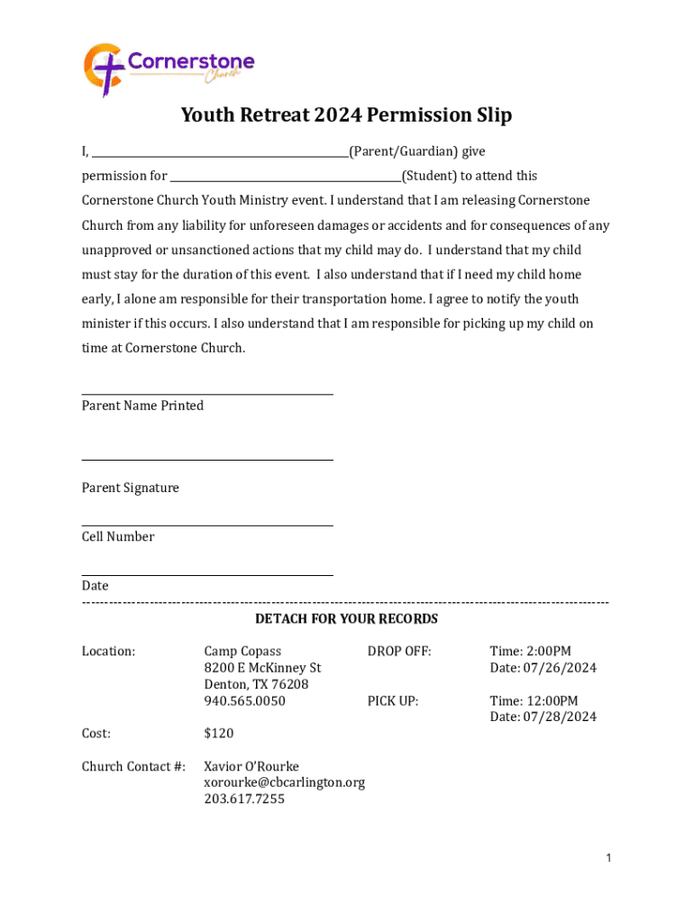 Fillable Online Youth Retreat 2024 Permission Slip Fax Email Print - pdfFiller