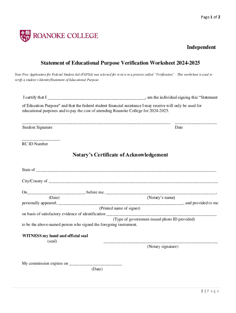 Fillable Online Independent Statement of Educational Purpose Verification Worksheet Fax Email ...
