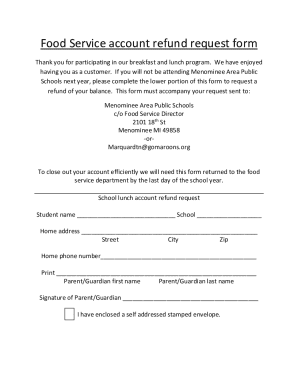 Fillable Online School Lunch Account Refund Request Fax Email Print ...