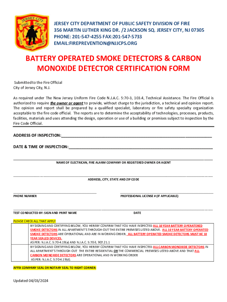 Fillable Online Certification Form for Smoke and Carbon Monoxide ...