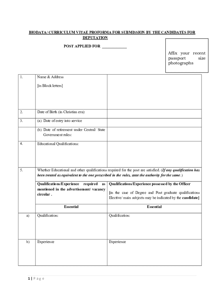 Fillable Online Biodata/curriculum Vitae for Deputation Fax Email Print - pdfFiller