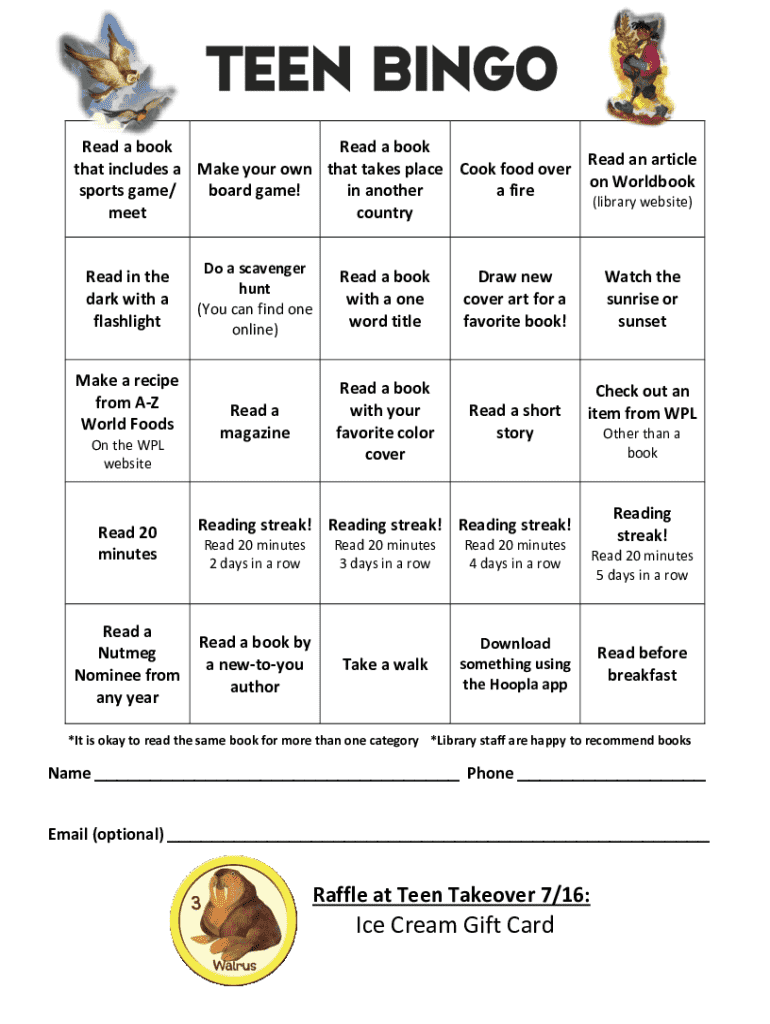 Fillable Online Teen Summer Reading Bingo Instructions Fax Email Print ...