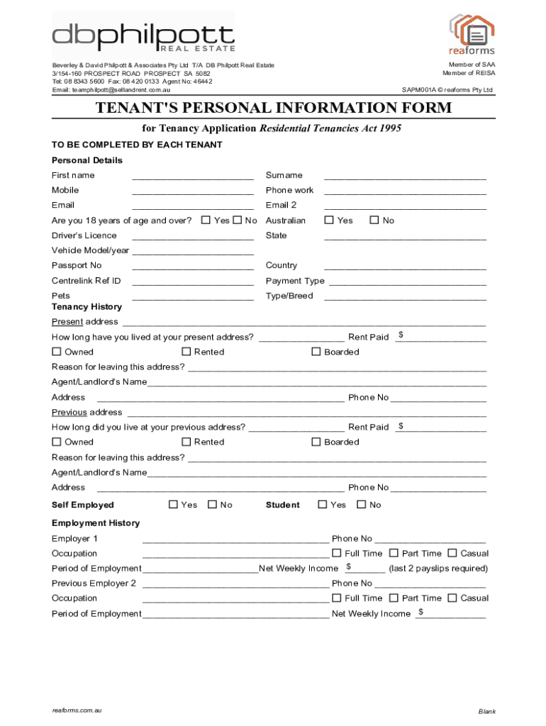 Fillable Online Tenant's Personal Information Form for Tenancy Application Fax Email Print ...