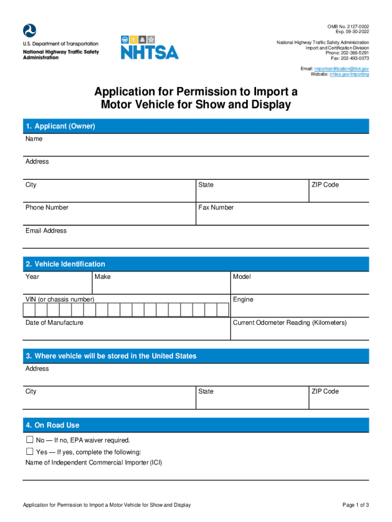 Fillable Online Application for Permission to Import a Motor Vehicle ...