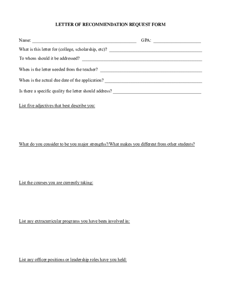 Fillable Online Letter of Recommendation Request Fax Email Print ...