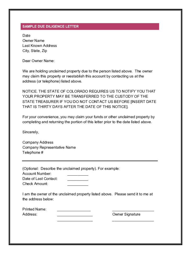 Fillable Online Due Diligence Letter for Unclaimed Property Fax Email ...