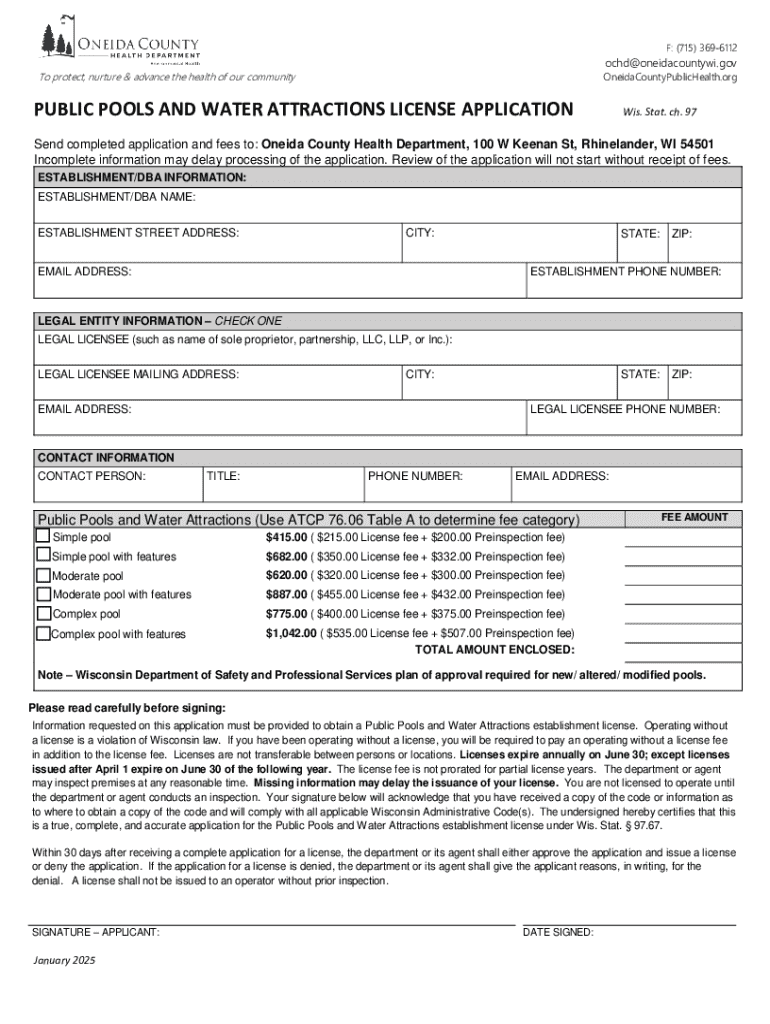 Fillable Online Public Pools and Water Attractions License Application ...