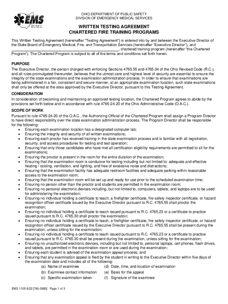 Fillable Online Written Testing Agreement for Chartered Fire Training ...