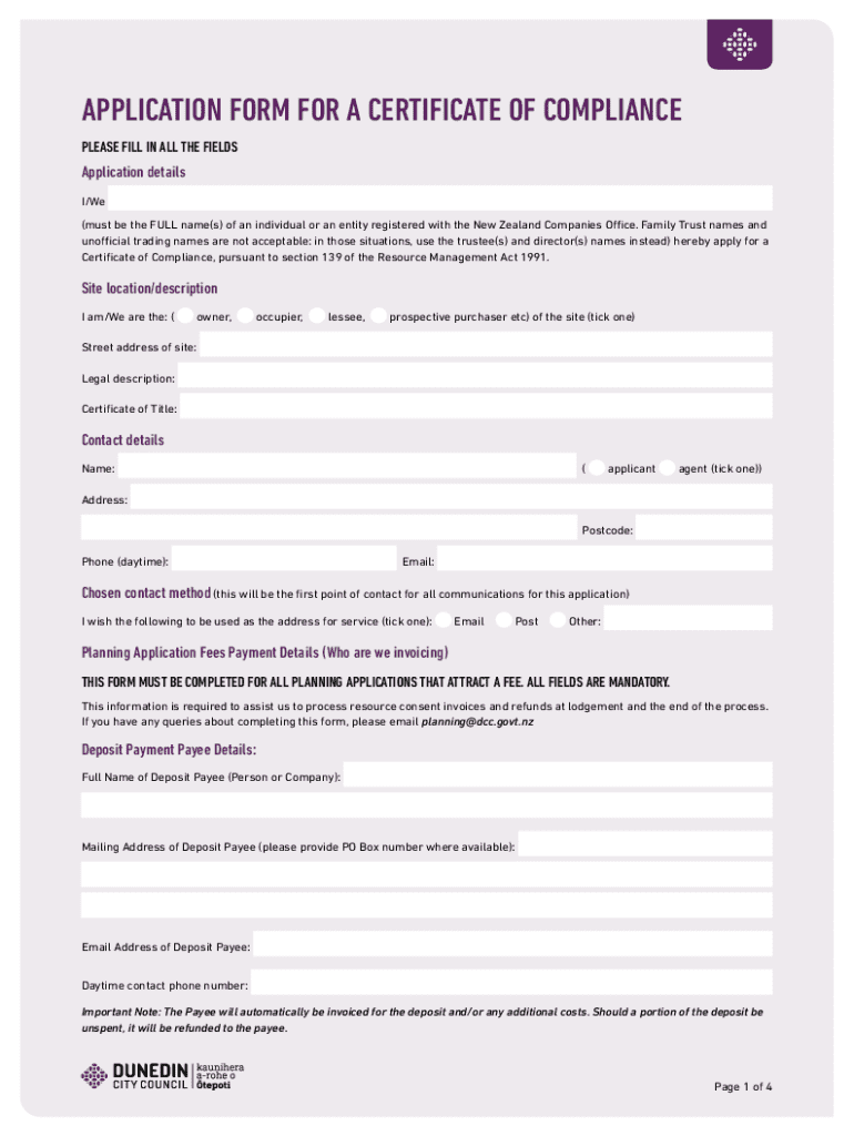 Fillable Online Application Form for a Certificate of Compliance Fax ...