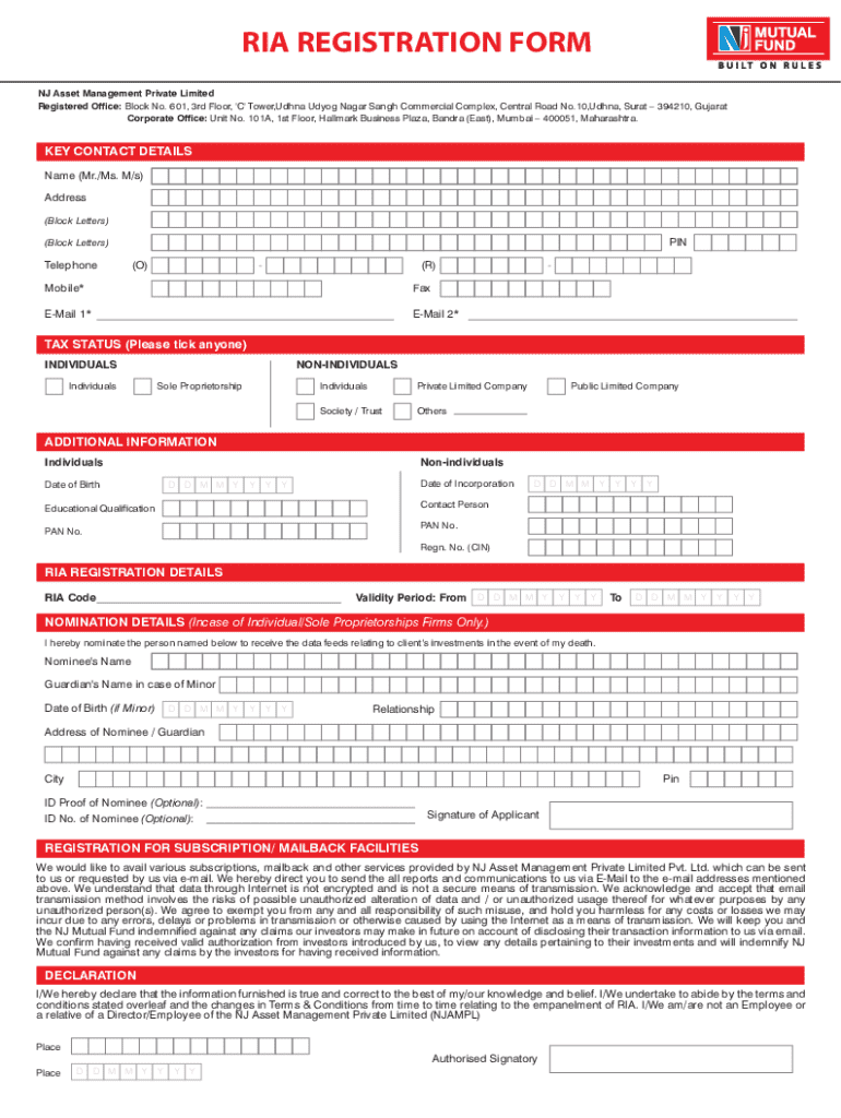 Fillable Online Ria Registration Form - Nj Asset Management Private Limited Fax Email Print ...