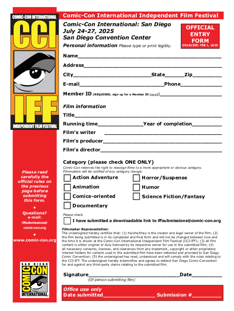 Fillable Online Comic-con International Independent Film Festival 2025 Fax Email Print - pdfFiller