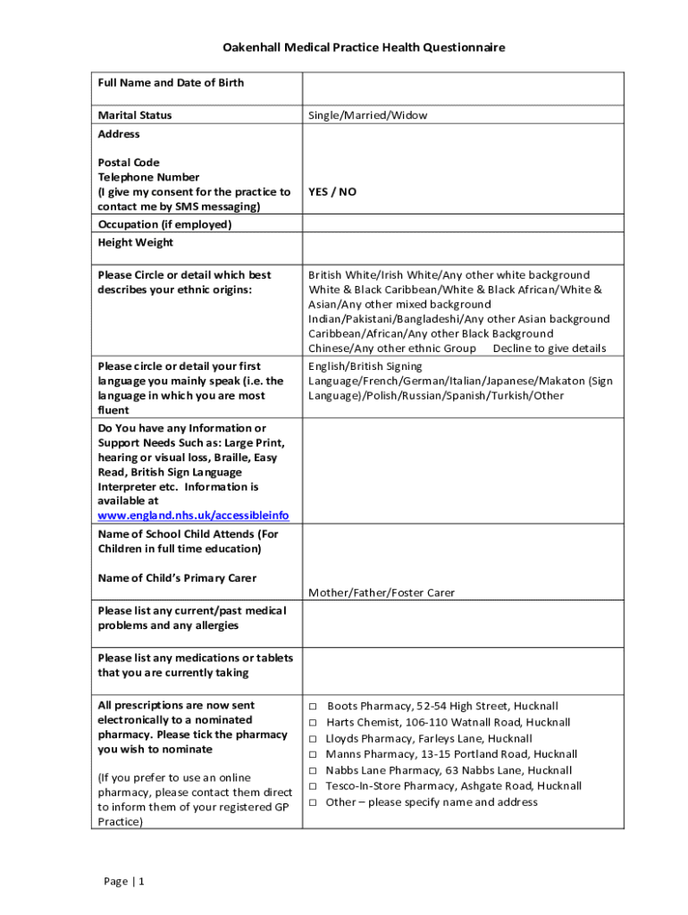 Fillable Online Oakenhall Medical Practice Health Questionnaire Fax Email Print - pdfFiller