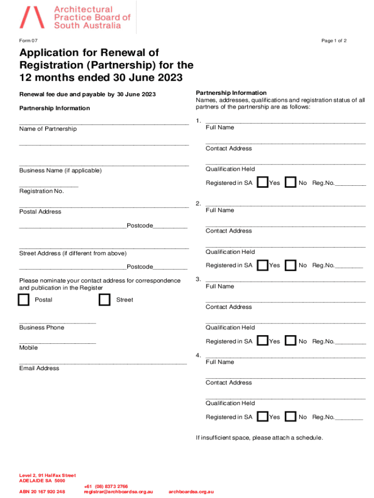 Fillable Online Application for Renewal of Registration (partnership) for the 12 Months Ended 30 ...