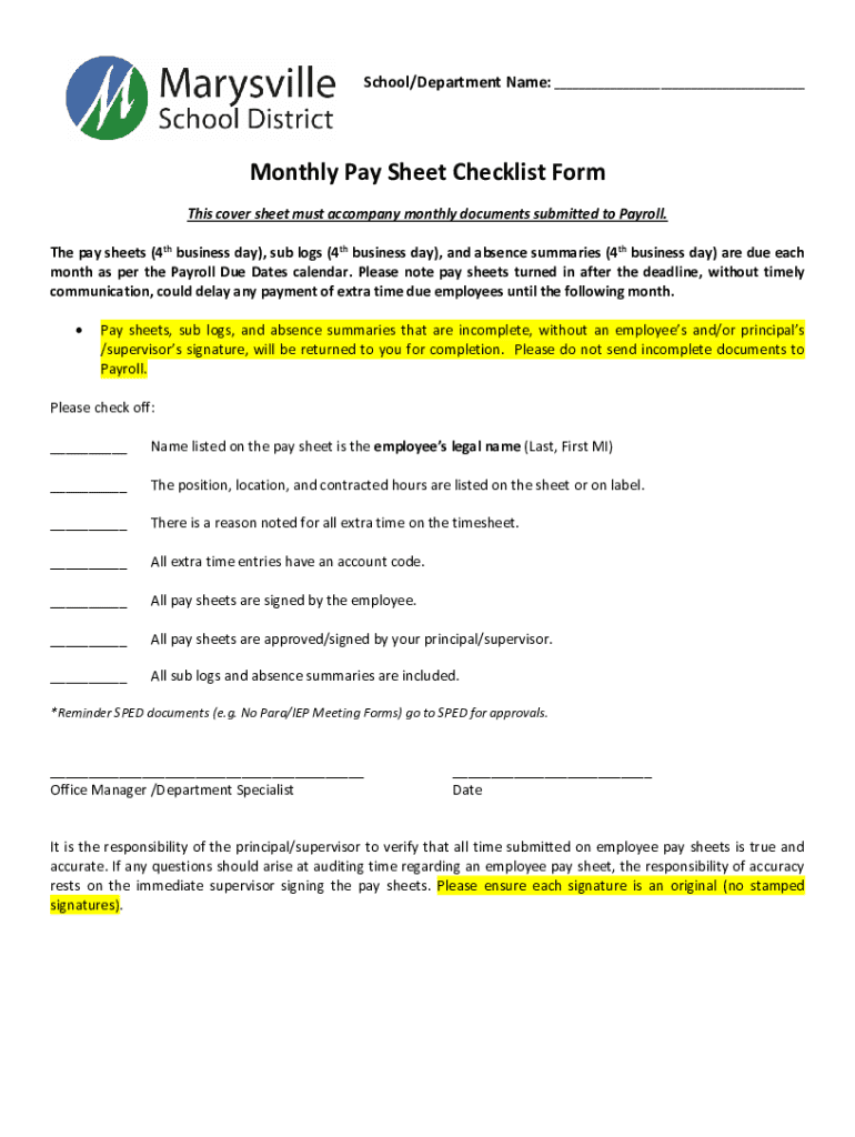 Fillable Online Monthly Pay Sheet Checklist Fax Email Print - pdfFiller