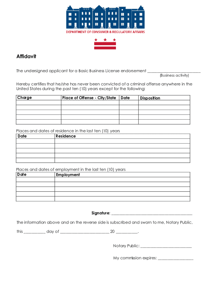Fillable Online Affidavit for Basic Business License Fax Email Print ...