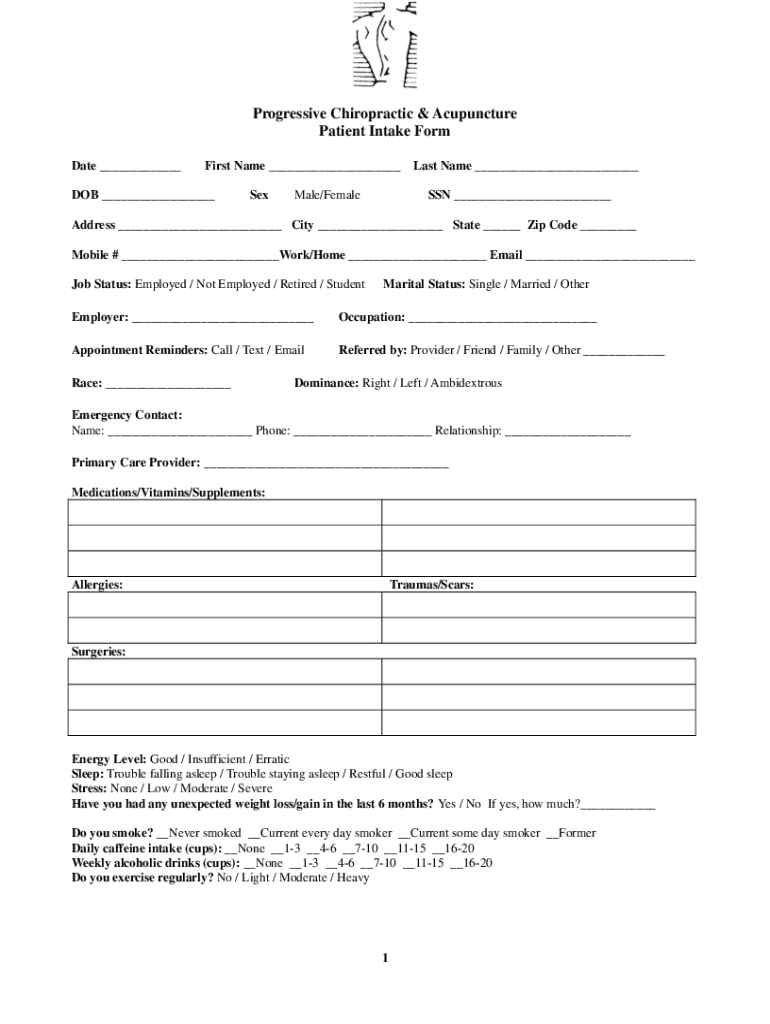 Fillable Online Progressive Chiropractic & Acupuncture Patient Intake ...