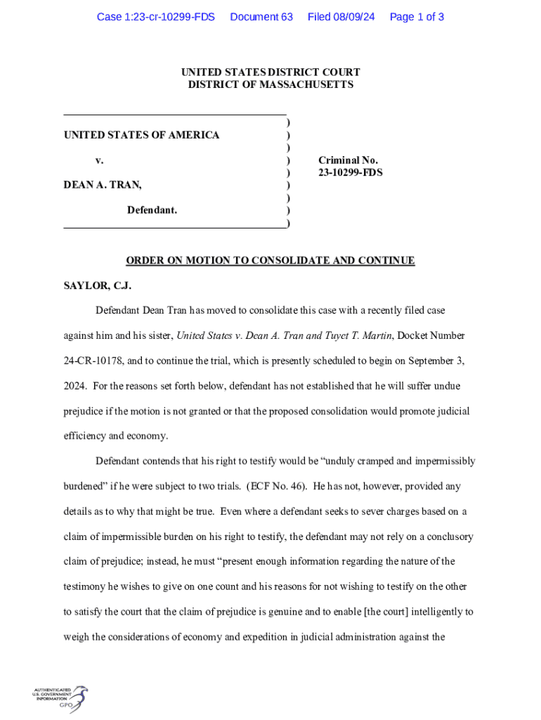 Fillable Online Order on Motion to Consolidate and Continue Fax Email ...