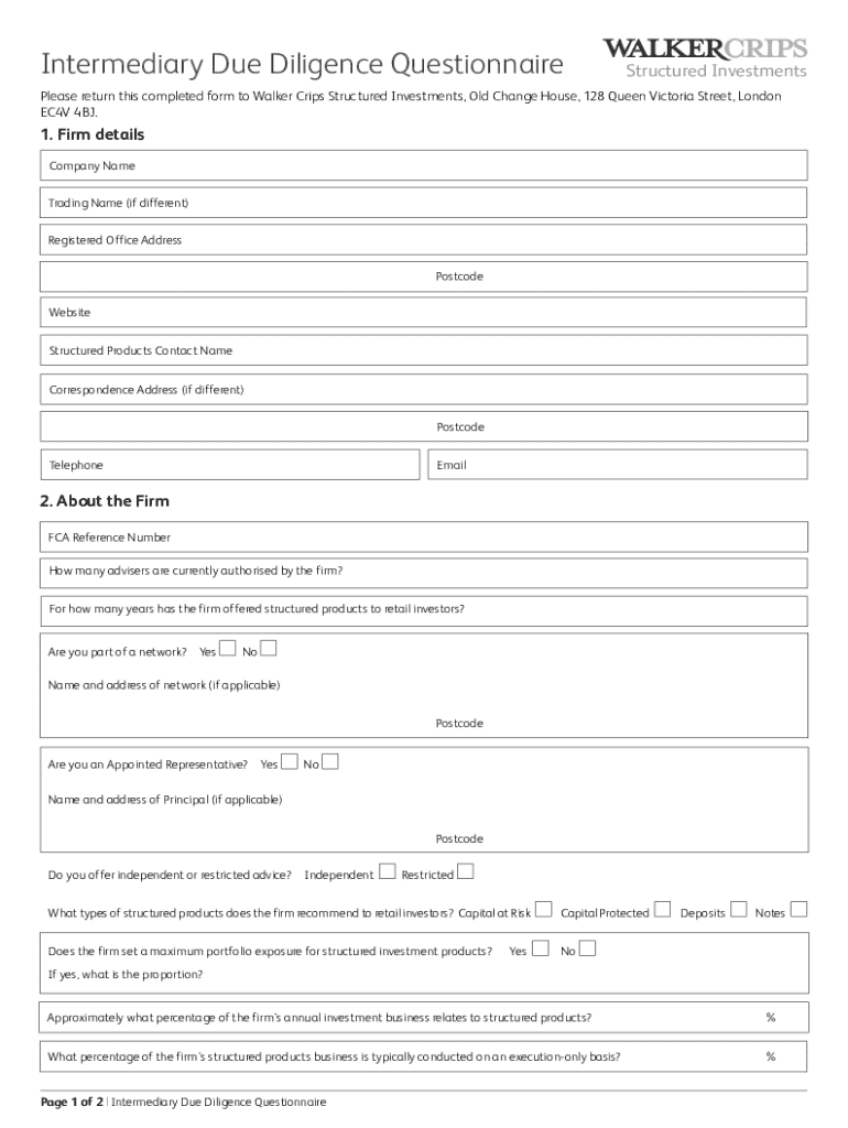 Fillable Online Intermediary Due Diligence Questionnaire Fax Email ...