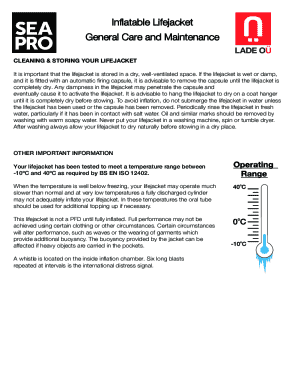 Fillable Online Inflatable Lifejacket General Care and Maintenance Fax ...