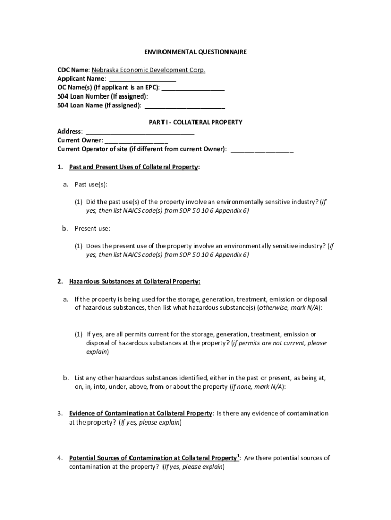 Fillable Online Environmental Questionnaire for Collateral Property Fax ...