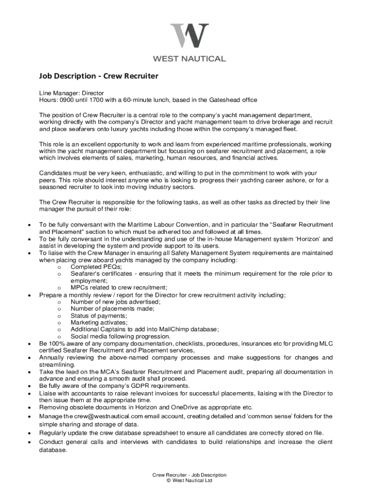 Fillable Online Crew Recruiter - Job Description Fax Email Print - pdfFiller