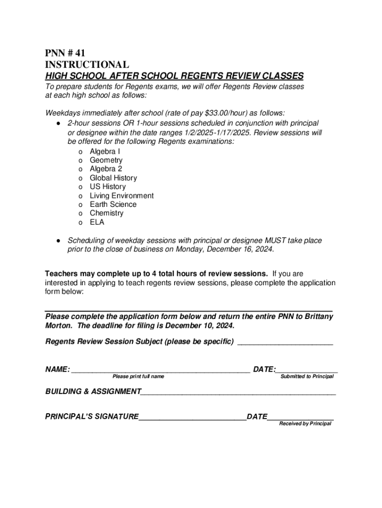 Fillable Online Instructional High School After School Regents Review Classes Fax Email Print ...