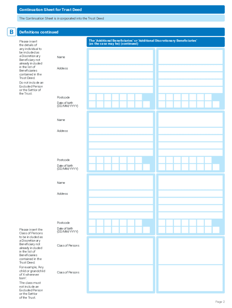 Fillable Online Continuation Sheet for Trust Deeds - Discretionary Beneficiaries Fax Email Print ...