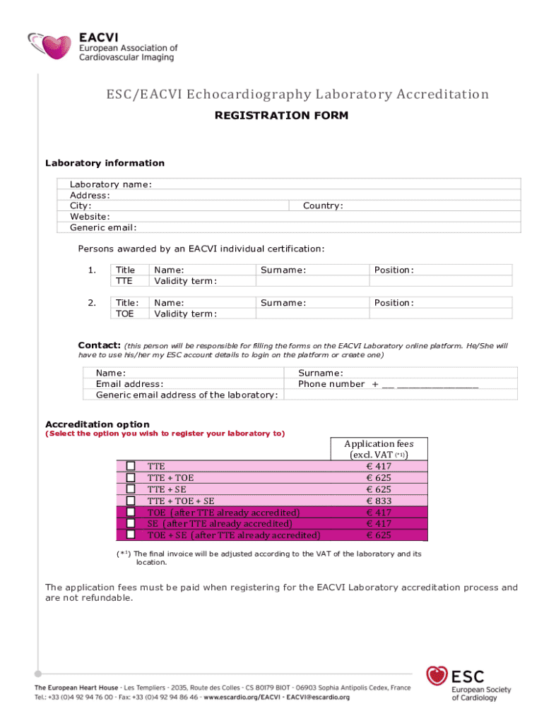 Fillable Online Esc/eacvi Echocardiography Laboratory Accreditation Fax Email Print - pdfFiller