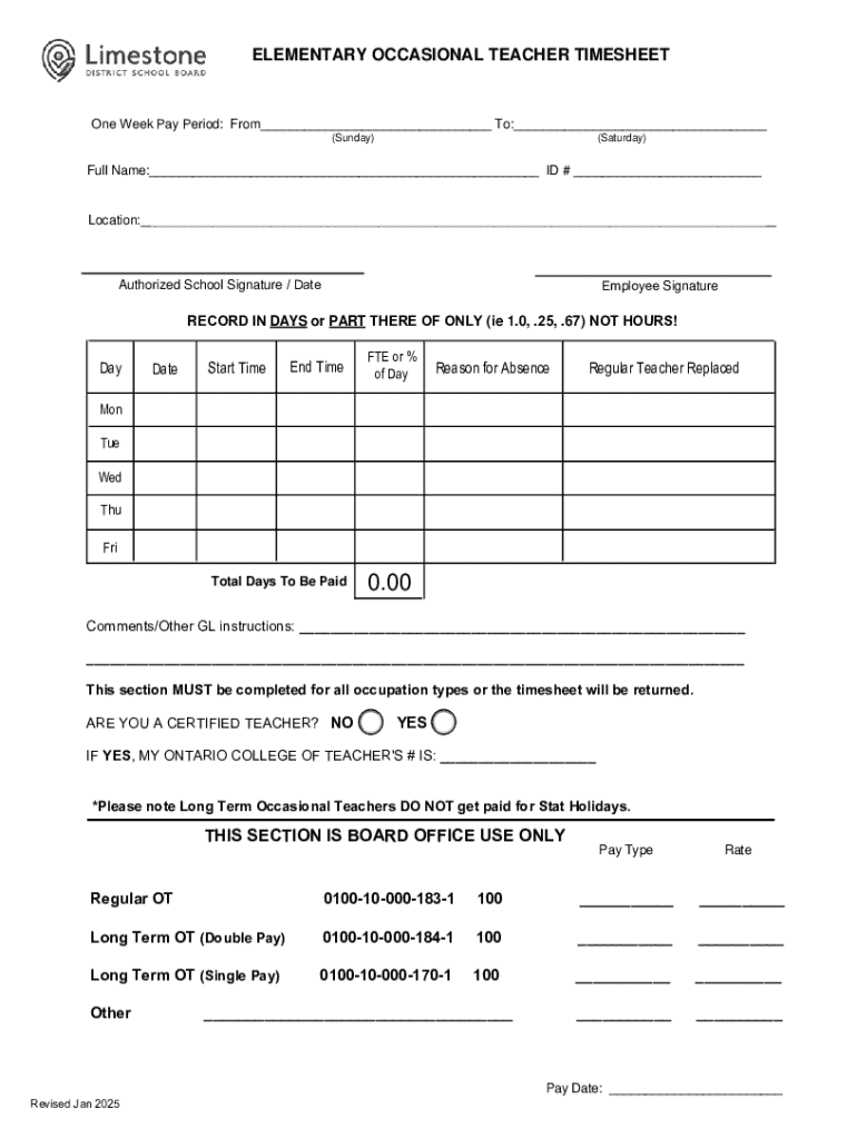 Fillable Online Elementary Occasional Teacher Timesheet Fax Email Print ...