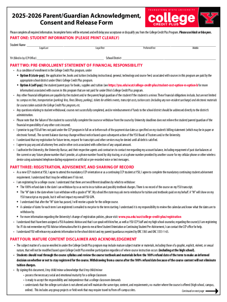 Fillable Online 2025-2026 Parent/guardian Acknowledgment, Consent and Release Form Fax Email ...