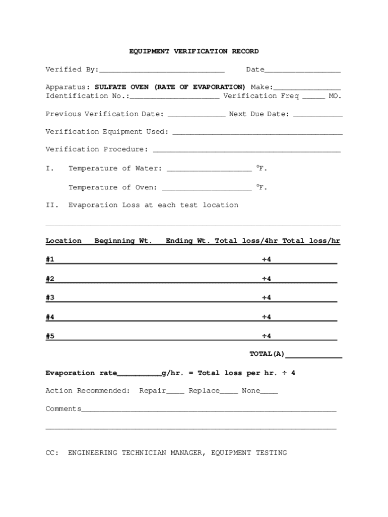 Fillable Online Equipment Verification Record for Sulfate Oven Fax Email Print - pdfFiller