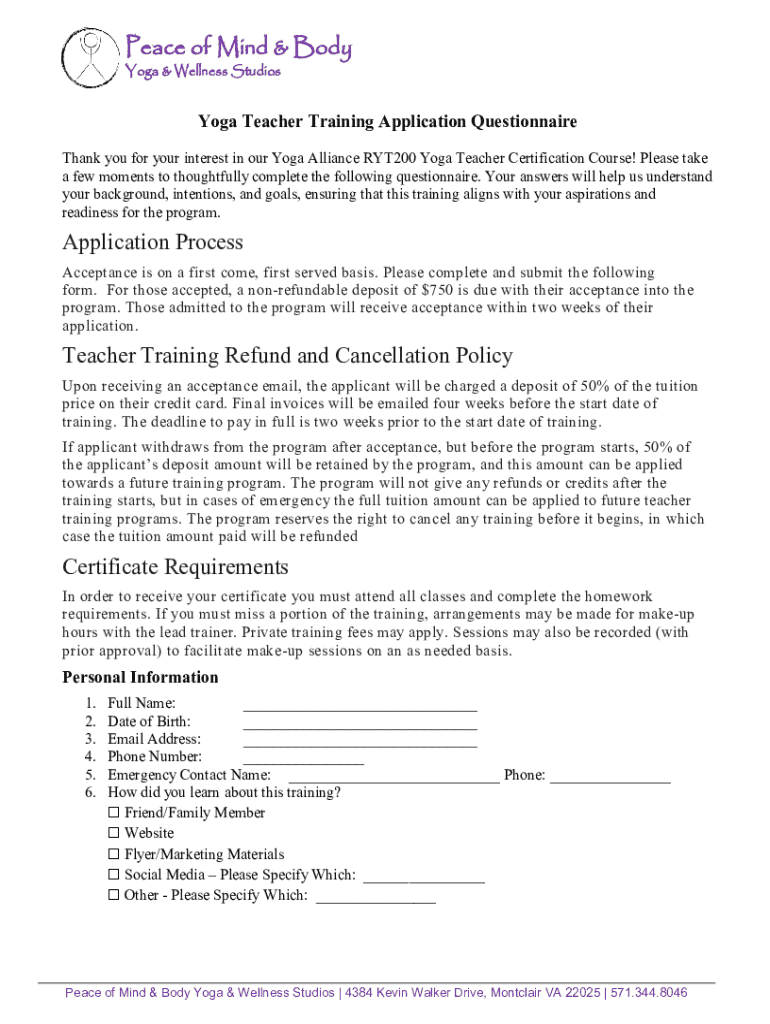 Fillable Online Yoga Teacher Training Application Fax Email Print ...