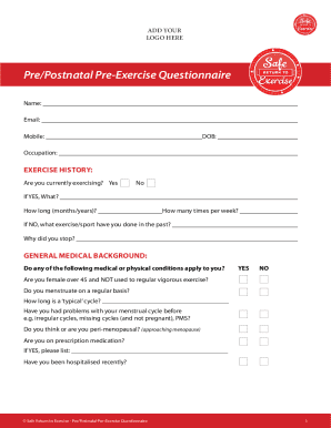 Fillable Online Pre/postnatal Pre-exercise Questionnaire Fax Email ...