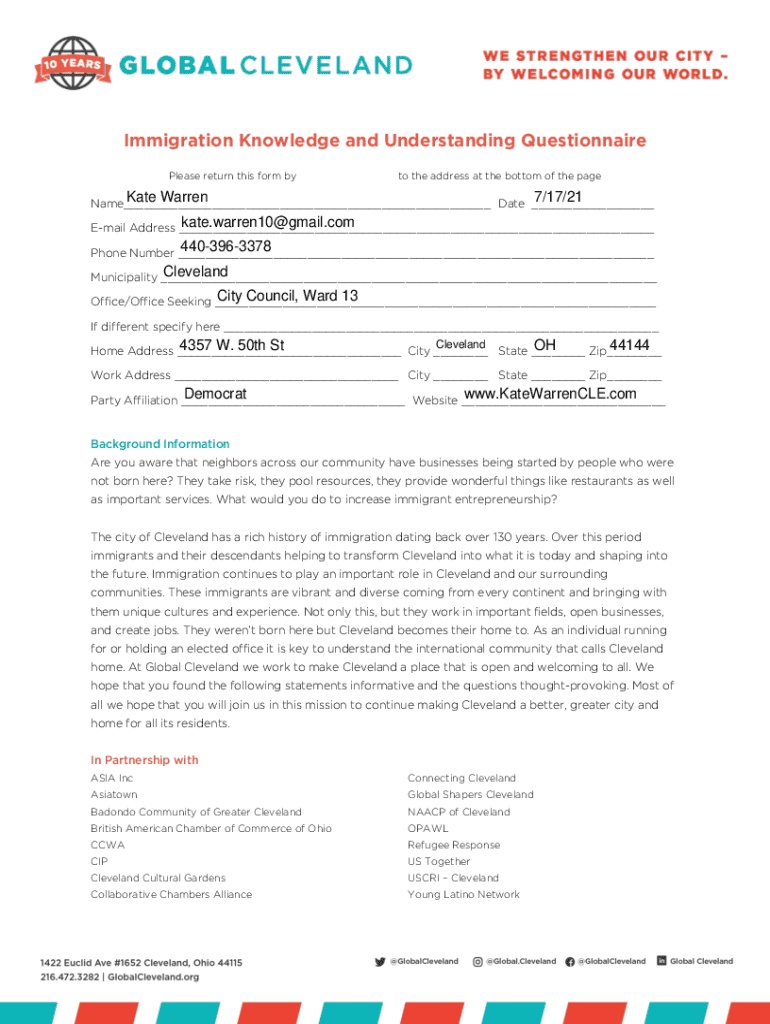 Fillable Online Immigration Knowledge and Understanding Questionnaire ...