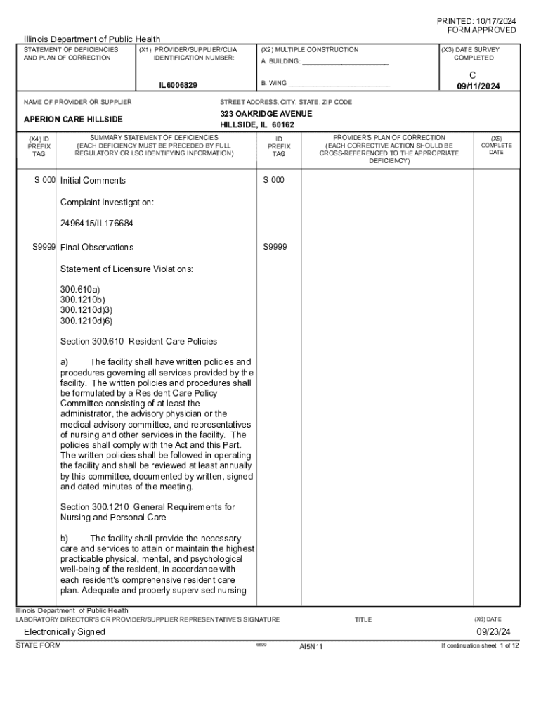 Fillable Online Statement of Deficiencies and Plan of Correction ...