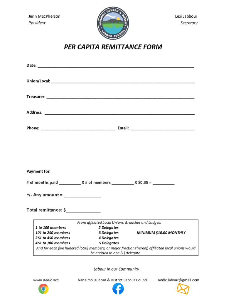 Fillable Online Per Capita Remittance Form Fax Email Print - pdfFiller