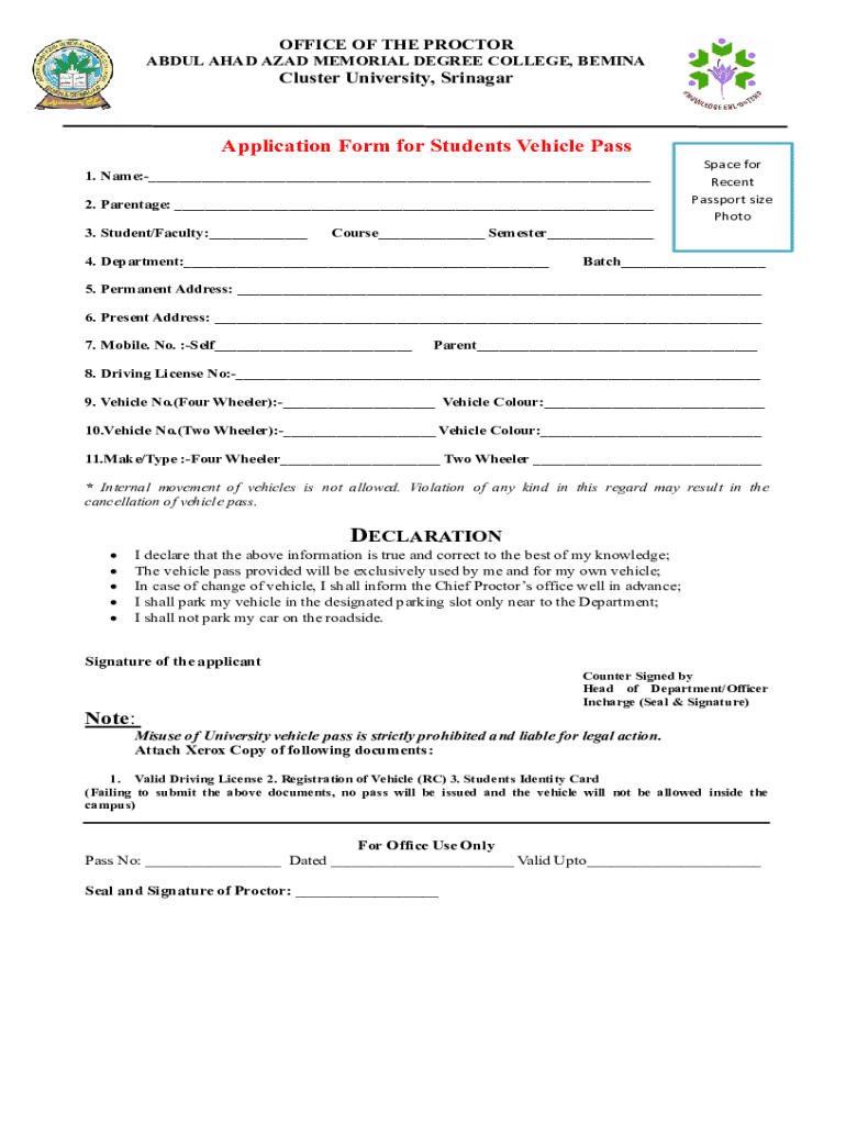 Fillable Online Students Vehicle Pass Application Fax Email Print ...