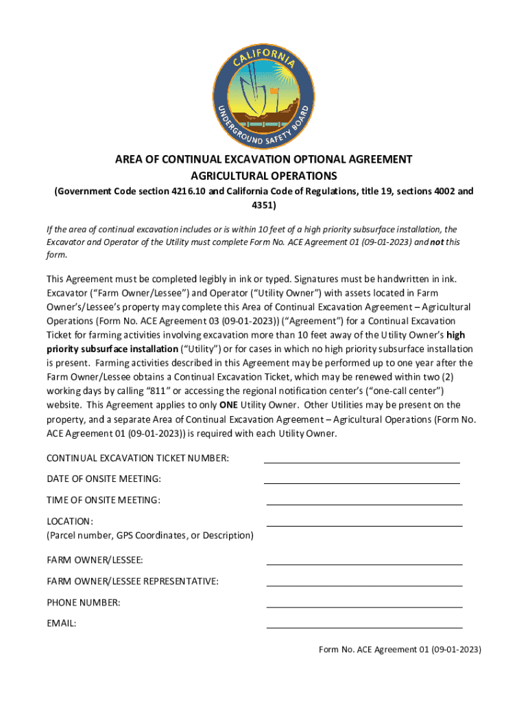 Fillable Online Area of Continual Excavation Agreement - Agricultural ...