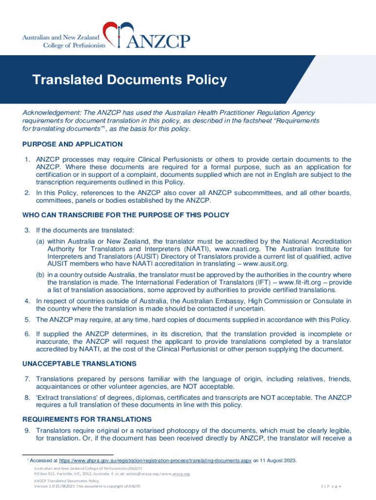 Fillable Online Anzcp Translated Documents Policy Fax Email Print - pdfFiller