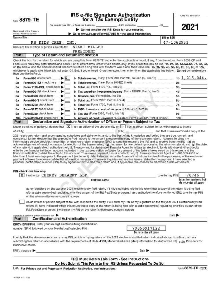 Fillable Online Irs E-file Signature Authorization for a Tax Exempt ...
