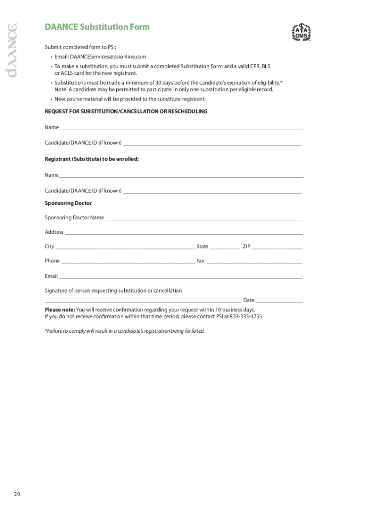 Fillable Online Daance Substitution Form Fax Email Print - pdfFiller