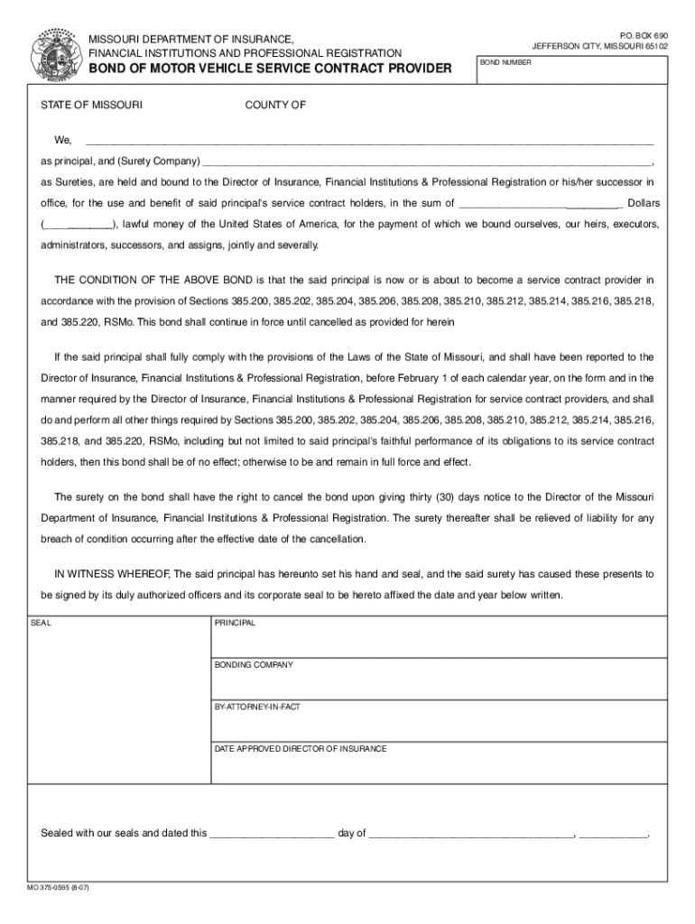 Fillable Online Bond of Motor Vehicle Service Contract Provider ...