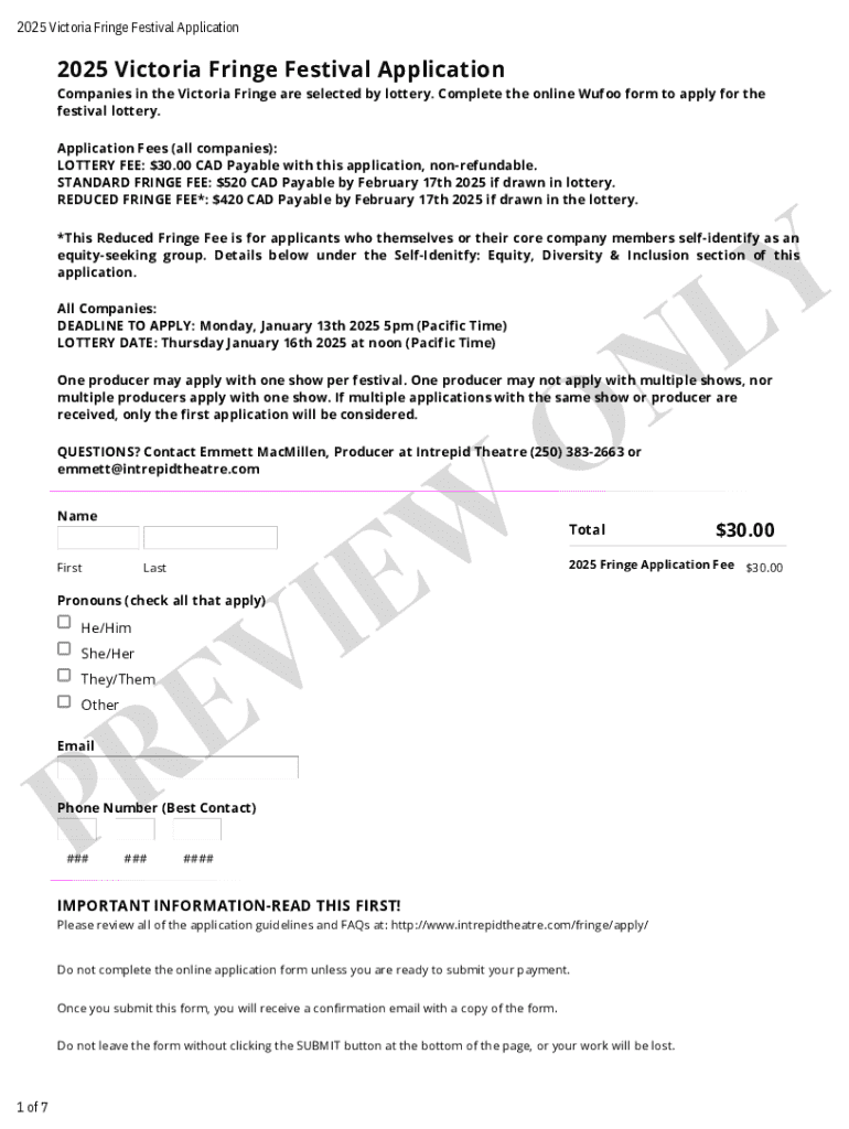 Fillable Online 2025 Victoria Fringe Festival Application Fax Email ...