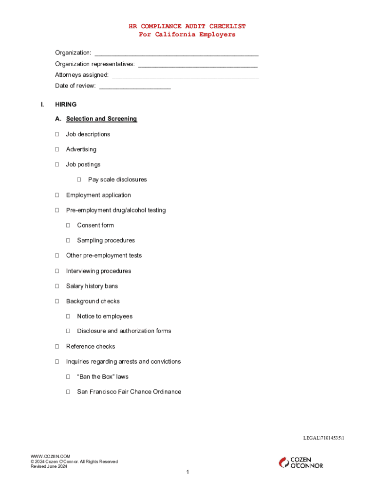 Fillable Online Hr Compliance Audit Checklist for California Employers ...