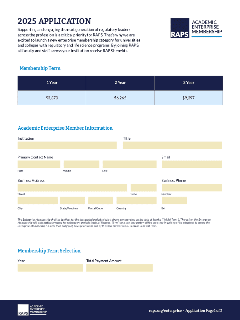 Fillable Online 2025 Raps Academic Enterprise Membership Application ...